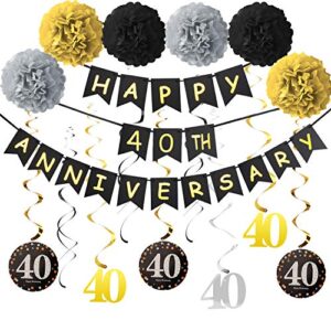 40th anniversary decorations kit – 16pcs – including 1pcs happy 40th anniversary banner, 9pcs sparkling 40 hanging swirl, 6pcs poms – 40th wedding anniversary party decorations supplies