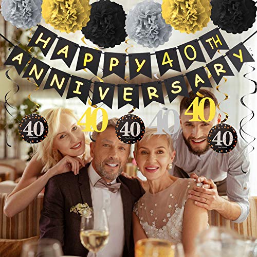 40th Anniversary Decorations Kit - 16Pcs - Including 1Pcs Happy 40th Anniversary Banner, 9Pcs Sparkling 40 Hanging Swirl, 6Pcs Poms - 40th Wedding Anniversary Party Decorations Supplies