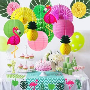 Flamingo Party Decorations, Hawaiian Party Supplies Flamingo Honeycomb Ball Paper Lanterns Tissue Paper Fan for Luau Birthday Tropical Bachelorette Party (Yellow/Green/Pink)