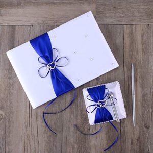 Wedding Guest Book and Pen Set Double Heart Rhinestone Decor Signature Book with Pen for Wedding Party Decorations - Blue