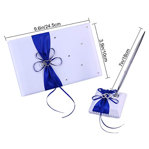 Wedding Guest Book and Pen Set Double Heart Rhinestone Decor Signature Book with Pen for Wedding Party Decorations - Blue