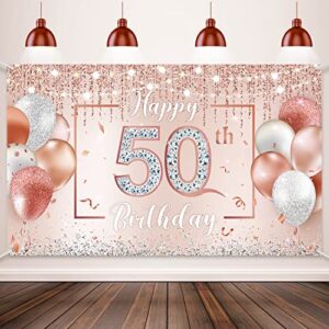 50th birthday backdrop glitter diamonds balloons lights happy 50th banner rose gold pink happy 50th birthday decorations for women anniversary photo booth backdrop cake table supply, 70.8 x 43.3 inch