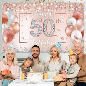 50th Birthday Backdrop Glitter Diamonds Balloons Lights Happy 50th Banner Rose Gold Pink Happy 50th Birthday Decorations for Women Anniversary Photo Booth Backdrop Cake Table Supply, 70.8 x 43.3 Inch