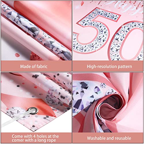 50th Birthday Backdrop Glitter Diamonds Balloons Lights Happy 50th Banner Rose Gold Pink Happy 50th Birthday Decorations for Women Anniversary Photo Booth Backdrop Cake Table Supply, 70.8 x 43.3 Inch