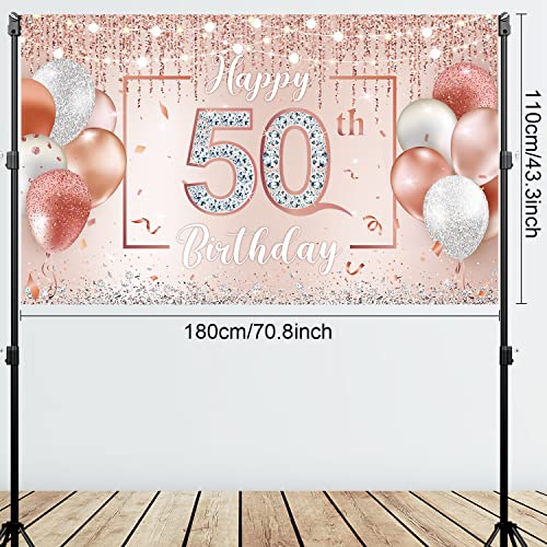 50th Birthday Backdrop Glitter Diamonds Balloons Lights Happy 50th Banner Rose Gold Pink Happy 50th Birthday Decorations for Women Anniversary Photo Booth Backdrop Cake Table Supply, 70.8 x 43.3 Inch