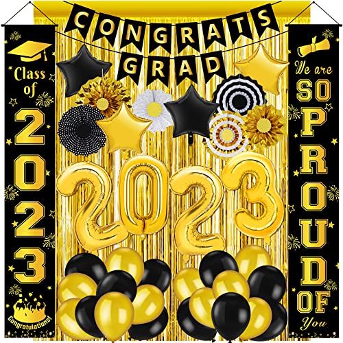 Class of 2023 Graduation Decorations, Black Gold Graduation Party Decor Kits, Banner, Balloons, Large Congrats Grad Party Supplies, Congrats Grad Decorations For Senior High School College Photo Prop