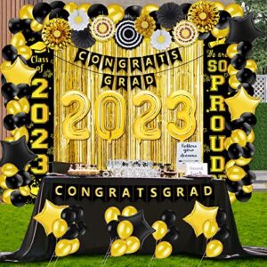 Class of 2023 Graduation Decorations, Black Gold Graduation Party Decor Kits, Banner, Balloons, Large Congrats Grad Party Supplies, Congrats Grad Decorations For Senior High School College Photo Prop