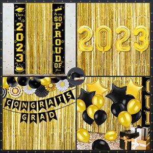 Class of 2023 Graduation Decorations, Black Gold Graduation Party Decor Kits, Banner, Balloons, Large Congrats Grad Party Supplies, Congrats Grad Decorations For Senior High School College Photo Prop