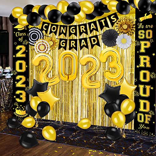 Class of 2023 Graduation Decorations, Black Gold Graduation Party Decor Kits, Banner, Balloons, Large Congrats Grad Party Supplies, Congrats Grad Decorations For Senior High School College Photo Prop