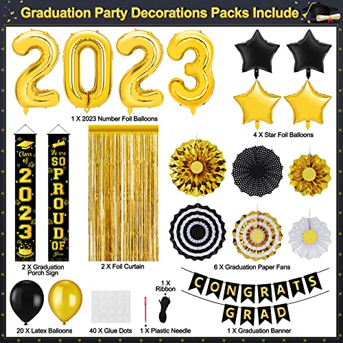 Class of 2023 Graduation Decorations, Black Gold Graduation Party Decor Kits, Banner, Balloons, Large Congrats Grad Party Supplies, Congrats Grad Decorations For Senior High School College Photo Prop