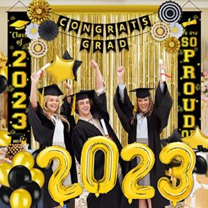 Class of 2023 Graduation Decorations, Black Gold Graduation Party Decor Kits, Banner, Balloons, Large Congrats Grad Party Supplies, Congrats Grad Decorations For Senior High School College Photo Prop