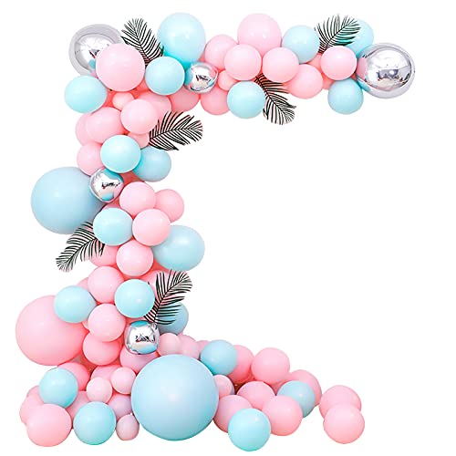 117Pcs Party Balloons Decoration Set, Pink Blue Balloon Silver 4D Balloon with Sunflower leaves for Baby Shower, Wedding, Birthday, Graduation, Anniversary Party