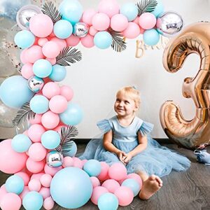 117Pcs Party Balloons Decoration Set, Pink Blue Balloon Silver 4D Balloon with Sunflower leaves for Baby Shower, Wedding, Birthday, Graduation, Anniversary Party