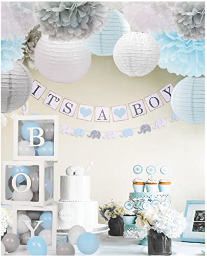 luckylibra Baby Shower Decorations For Boy, B-O-Y Transparent Balloon Boxes & Latex Balloons & It is a Boy Banners & Elephant Garland & Paper Lantern & Paper Flower Pom Poms （Grey Blue White ）