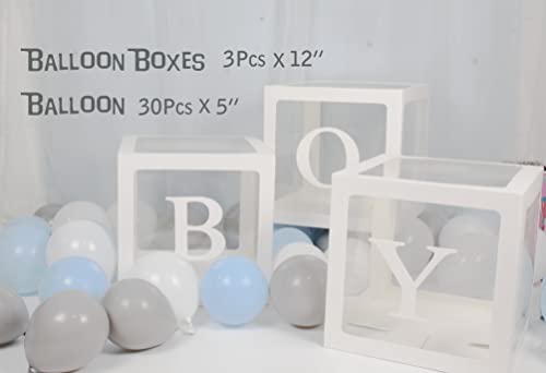 luckylibra Baby Shower Decorations For Boy, B-O-Y Transparent Balloon Boxes & Latex Balloons & It is a Boy Banners & Elephant Garland & Paper Lantern & Paper Flower Pom Poms （Grey Blue White ）