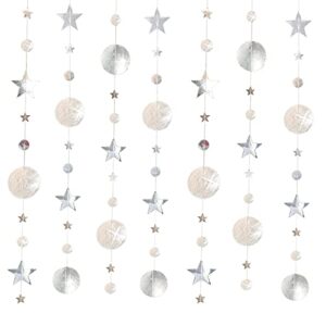 3 pack silver party decorations moon star garland ramadan hanging stars circle streamer banner backdrop background for wedding birthday christmas new year eid graduation decor