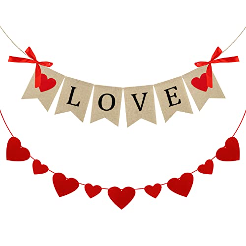 CHANACO Valentines Day Decor Valentines Day Garland Valentines Day Decorations for the Home Burlap Valentines Day Banner Felt Heart Garland for Anniversary Wedding Birthday Party Decorations