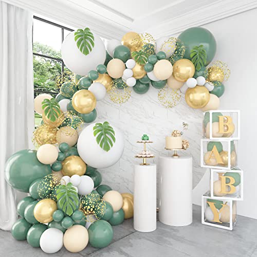 Pateeha Sage Green Balloon Garland Kit 140 Pcs, Baby Shower Decorations Olive Green Gold Metallic White Gold Confetti Nude Balloon Arch for Bridal Shower Wedding Birthday Party