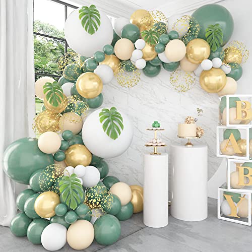 Pateeha Sage Green Balloon Garland Kit 140 Pcs, Baby Shower Decorations Olive Green Gold Metallic White Gold Confetti Nude Balloon Arch for Bridal Shower Wedding Birthday Party