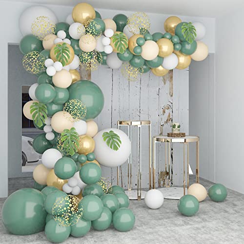 Pateeha Sage Green Balloon Garland Kit 140 Pcs, Baby Shower Decorations Olive Green Gold Metallic White Gold Confetti Nude Balloon Arch for Bridal Shower Wedding Birthday Party