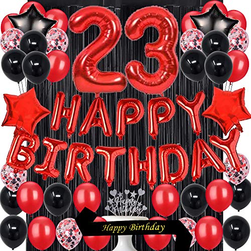 Fancypartyshop 23RD Birthday Party Decorations Supplies Red Black Later Balloons Happy Birthday Cake Topper Sash Foil Black Curtains Foil Star Balloons Number Red 23