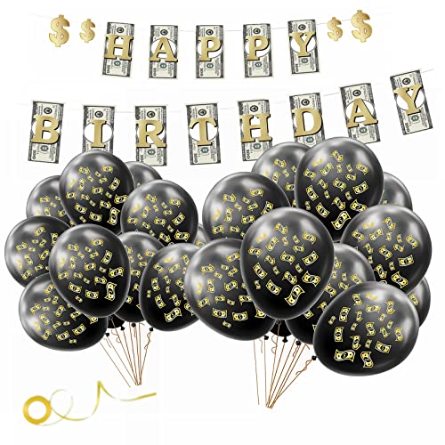 Money Themed Birthday Banner & Latex Balloons Decoration KIT Dollar Bill Party Decorations for Birthdays Baby Showers Casino Weddings Bachelorette Retirement Anniversary Graduations Party