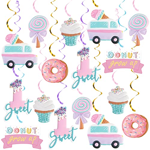 20Pcs Ice Cream Sweet One First Birthday Party Decorations, Ice Cream and Donut Party Hanging Swirls, Summer Ice Cream Party Ceiling Hanging Streamers for Ice Cream 1st Bday Girls Donut Party Supplies