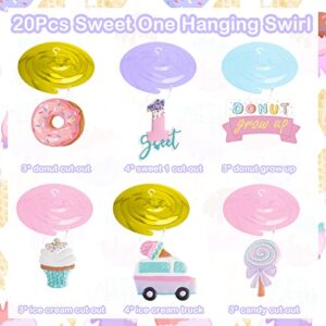 20Pcs Ice Cream Sweet One First Birthday Party Decorations, Ice Cream and Donut Party Hanging Swirls, Summer Ice Cream Party Ceiling Hanging Streamers for Ice Cream 1st Bday Girls Donut Party Supplies