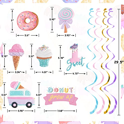 20Pcs Ice Cream Sweet One First Birthday Party Decorations, Ice Cream and Donut Party Hanging Swirls, Summer Ice Cream Party Ceiling Hanging Streamers for Ice Cream 1st Bday Girls Donut Party Supplies