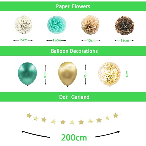 Teal Gold Birthday Decorations for Women Girls,Happy Birthday Banner,Paper Pompoms,Teal Gold Balloons,Hanging Swirl,Star String,suit for 13th 15th 16th 18th 20th 30th 40th 50th Birthday party