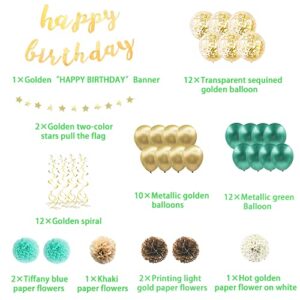 Teal Gold Birthday Decorations for Women Girls,Happy Birthday Banner,Paper Pompoms,Teal Gold Balloons,Hanging Swirl,Star String,suit for 13th 15th 16th 18th 20th 30th 40th 50th Birthday party