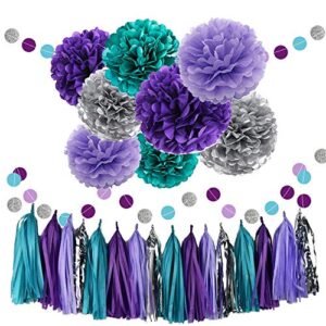 teal purple lavender silver tissue paper pom poms flowers tissue tassel garland polka dot paper garland kit for bridal shower snow or sea theme mermaid wedding ball party decoration