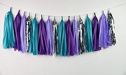 Teal Purple Lavender Silver Tissue Paper Pom Poms Flowers Tissue Tassel Garland Polka Dot Paper Garland Kit for Bridal Shower Snow or Sea Theme Mermaid Wedding Ball Party Decoration