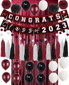 maroon graduation party decorations congrats class of 2023 banner paper garland including foil balloons fringe curtains tassels paper pompoms for senior high school college graduation celebration decorations