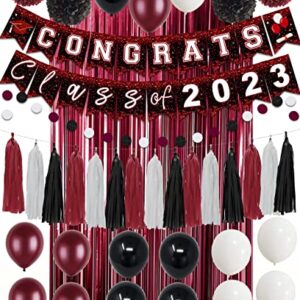 Maroon Graduation Party Decorations Congrats Class of 2023 Banner Paper Garland Including Foil Balloons Fringe Curtains Tassels Paper Pompoms for Senior High School College Graduation Celebration Decorations