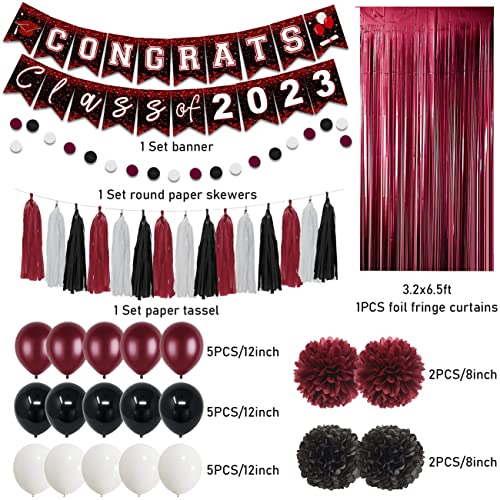 Maroon Graduation Party Decorations Congrats Class of 2023 Banner Paper Garland Including Foil Balloons Fringe Curtains Tassels Paper Pompoms for Senior High School College Graduation Celebration Decorations