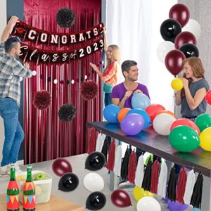 Maroon Graduation Party Decorations Congrats Class of 2023 Banner Paper Garland Including Foil Balloons Fringe Curtains Tassels Paper Pompoms for Senior High School College Graduation Celebration Decorations