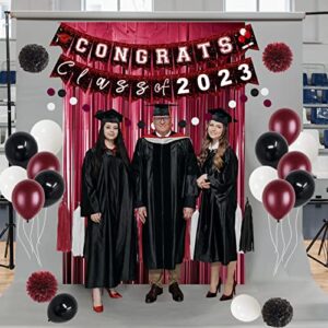 Maroon Graduation Party Decorations Congrats Class of 2023 Banner Paper Garland Including Foil Balloons Fringe Curtains Tassels Paper Pompoms for Senior High School College Graduation Celebration Decorations