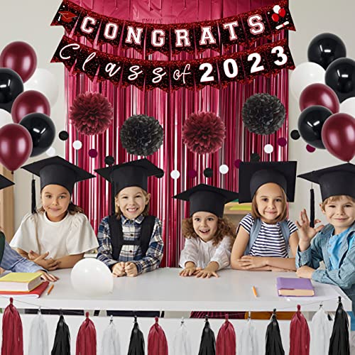 Maroon Graduation Party Decorations Congrats Class of 2023 Banner Paper Garland Including Foil Balloons Fringe Curtains Tassels Paper Pompoms for Senior High School College Graduation Celebration Decorations