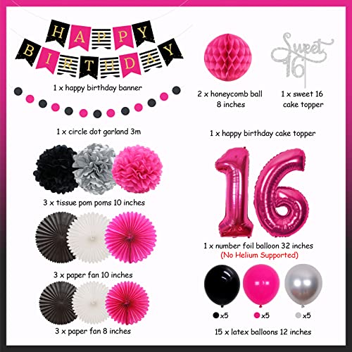 16th Birthday Decorations for Girls Hot Pink and Black Gold Happy Birthday Bunting Banner Tissue Pom Poms Paper Fans Circle Dots Sweet 16 Party Supplies…