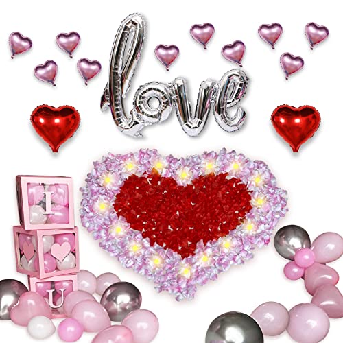 I Love You Valentines Day Decor, Pink /Red Heart-Shaped Balloon and 1300pcs Rose Petals , very suitable for Romantic Decorations Special Night ,Galentines day, Anniversary Party Decoration