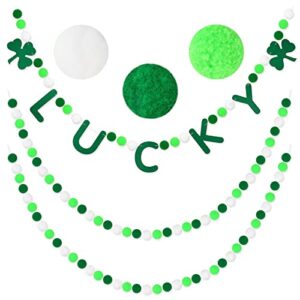 whaline 3pcs st. patrick’s day felt pom pom banner lucky shamrock clover felt garland green white pom ball banner decorative hanging bunting garland for home wall decor irish party supplies, 8.2ft