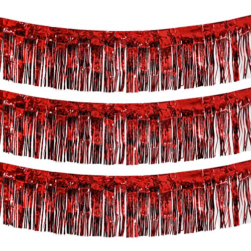 Blukey 10 Feet by 15 Inch Red Foil Fringe Garland - Pack of 3 | Shiny Metallic Tinsel Banner | Ideal for Parade Floats, Bridal Shower, Bachelorette, Wedding, Birthday, Christmas | Wall Hanging Drapes