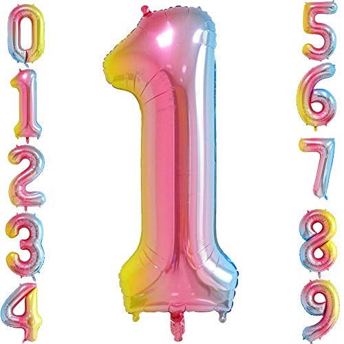 Tellpet Number 1 Balloon, One 1st First Birthday Party Balloons, Rainbow, 40 Inch