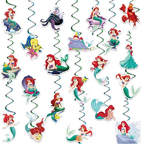 30PCS Little Mermaid Ariel Hanging Swirls, Cartoon Mermaid Ariel Whirls Glitter Foil Ceiling Swirls Streamers Decorations, Little Mermaid Ariel Themed Party Supplies Favors for Boys and Girls Birthday Party Decorations