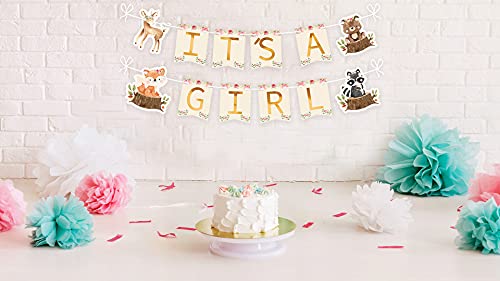 Woodland Animal Creatures ITS A GIRL Banner for Baby Shower Decoration Deer, Fox, Raccoon and Bear / Wild One, Boho Themed Party Supplies