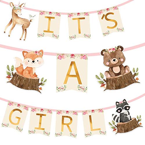 Woodland Animal Creatures ITS A GIRL Banner for Baby Shower Decoration Deer, Fox, Raccoon and Bear / Wild One, Boho Themed Party Supplies