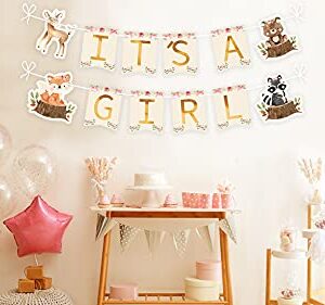 Woodland Animal Creatures ITS A GIRL Banner for Baby Shower Decoration Deer, Fox, Raccoon and Bear / Wild One, Boho Themed Party Supplies