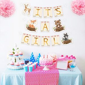 Woodland Animal Creatures ITS A GIRL Banner for Baby Shower Decoration Deer, Fox, Raccoon and Bear / Wild One, Boho Themed Party Supplies