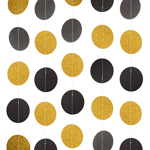 WEVEN Black and Glitter Gold Paper Garland, Circle Dots Banner Bunting Streamer Hanging Party Decorations, 2.5" in Diameter, 20 Feet in Total